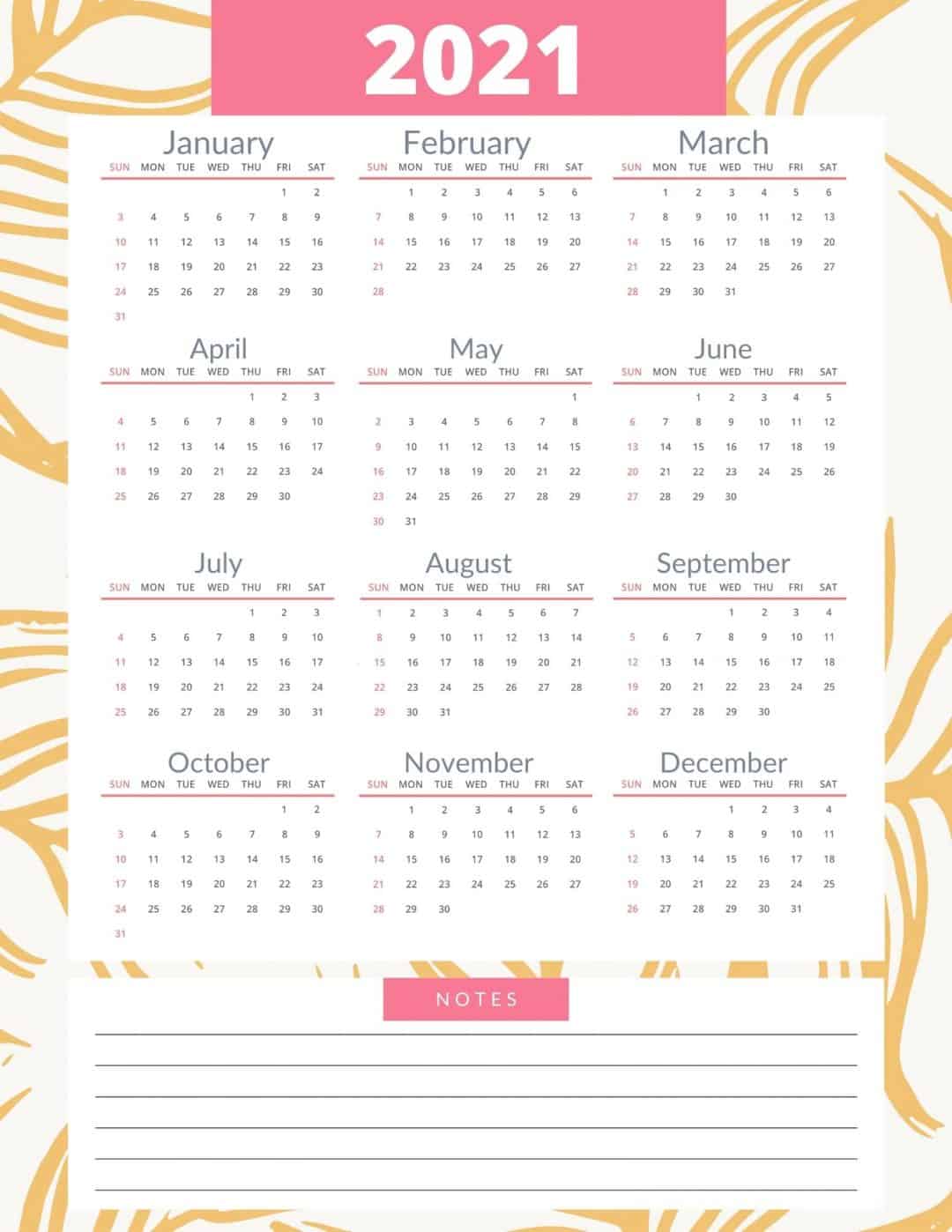 Free Printable 2021 Yearly Calendar - 6 Designs - My Printable Home