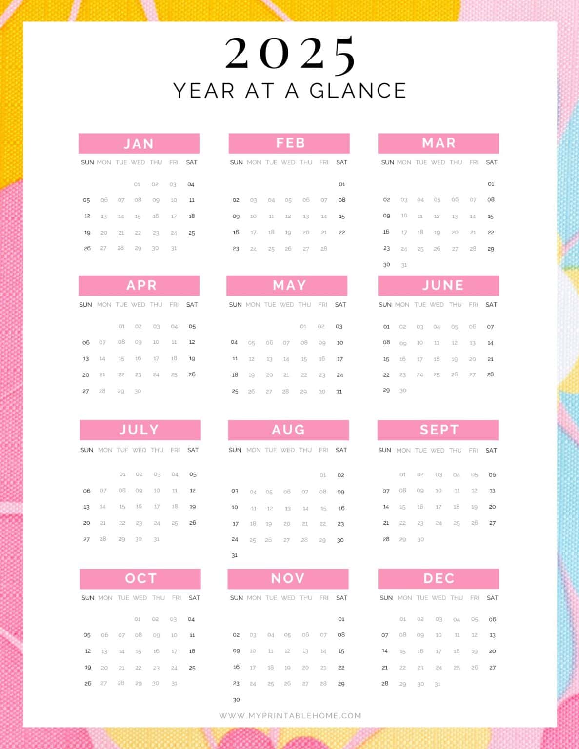 25 FREE Printable Year-at-a-Glance Calendars - My Printable Home